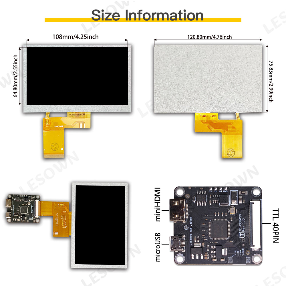 LESOWN M50-A01S 5 Inch LCD Screen 800x480 HD Resolution IPS TTL 40PIN – Lesown Display