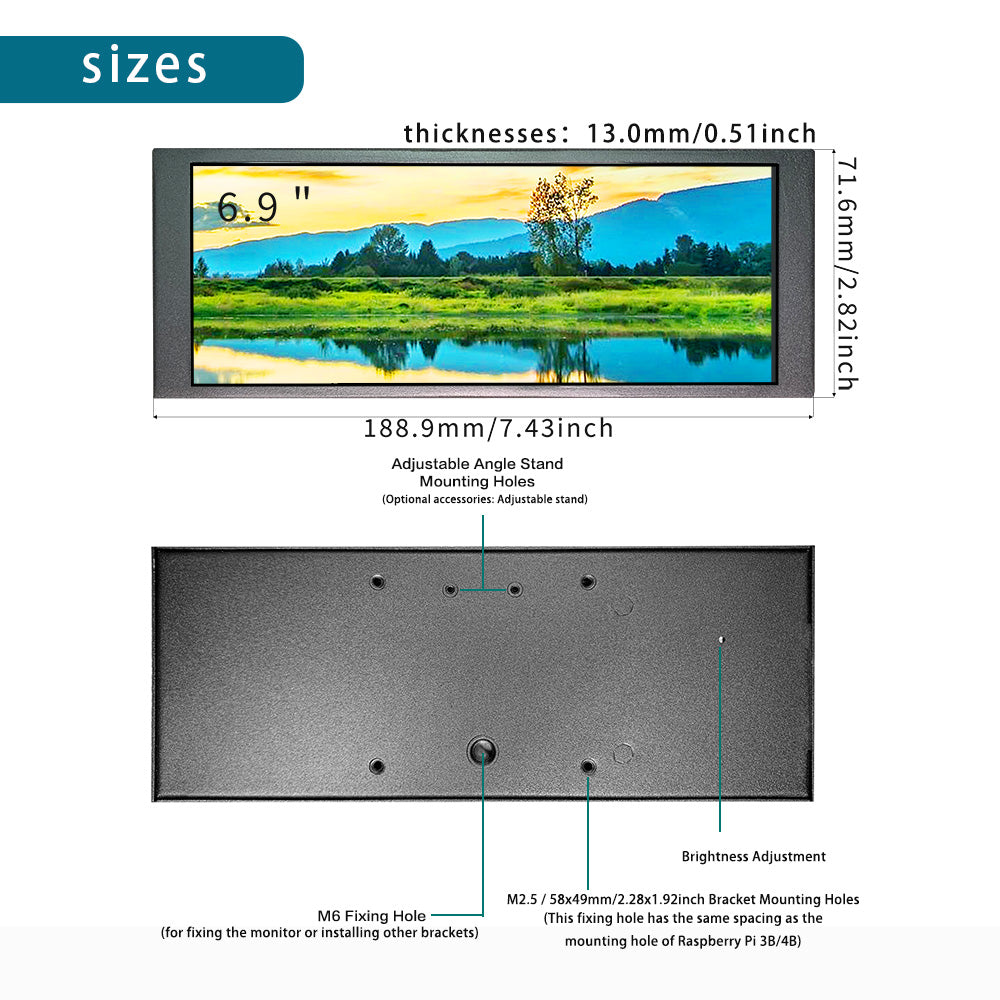 LESOWN P69 6.9 inch Additional Long HDMI Monitor for RPi 1280x480 IPS ...