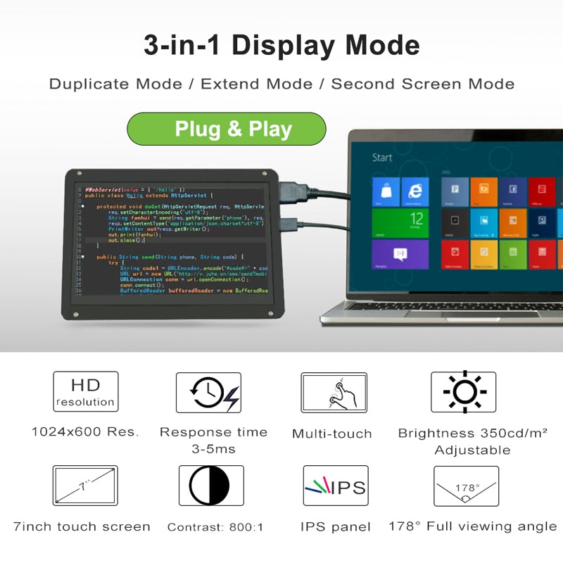 7inch 1024x600 IPS Touchscreen, Capacitive Portable Ultra HD Display ...